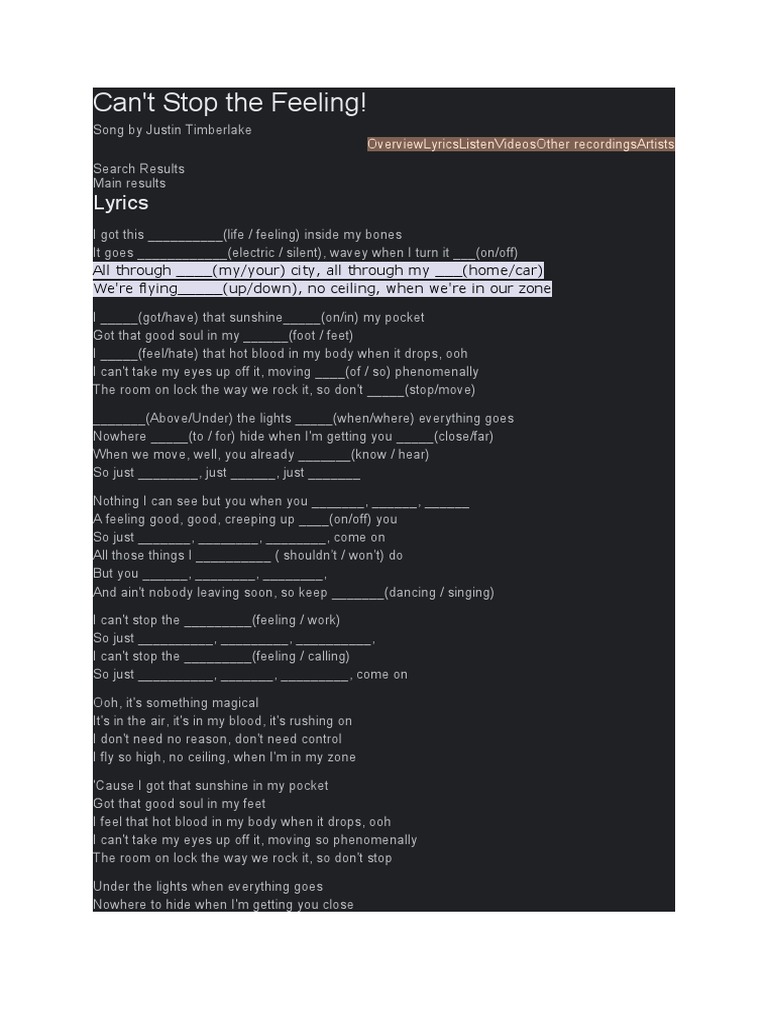 Listening - Justin Timberlake - Cant Stop The Feeling - Exercise | PDF