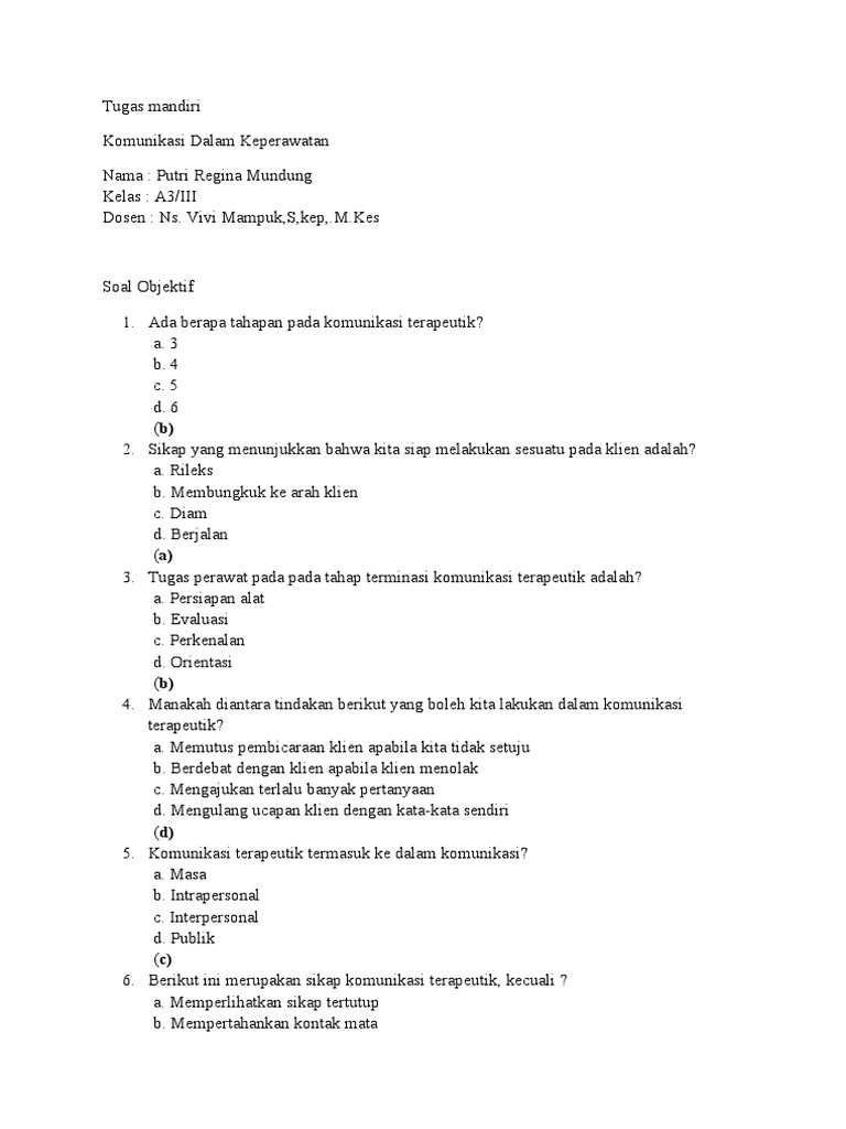 Soal Objektif, Komunikasi Dalam Keperawatan | PDF | Pengembangan Diri
