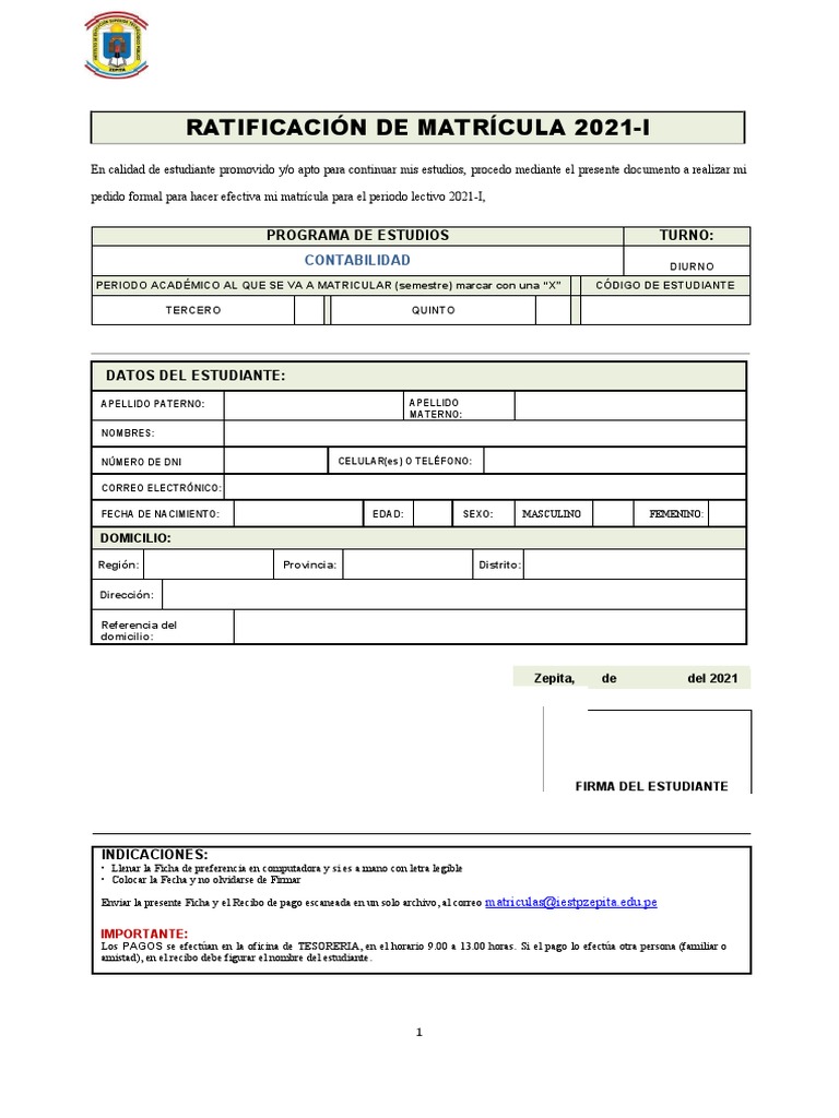 Formato Matricula Iestp Zepita 2021 | PDF