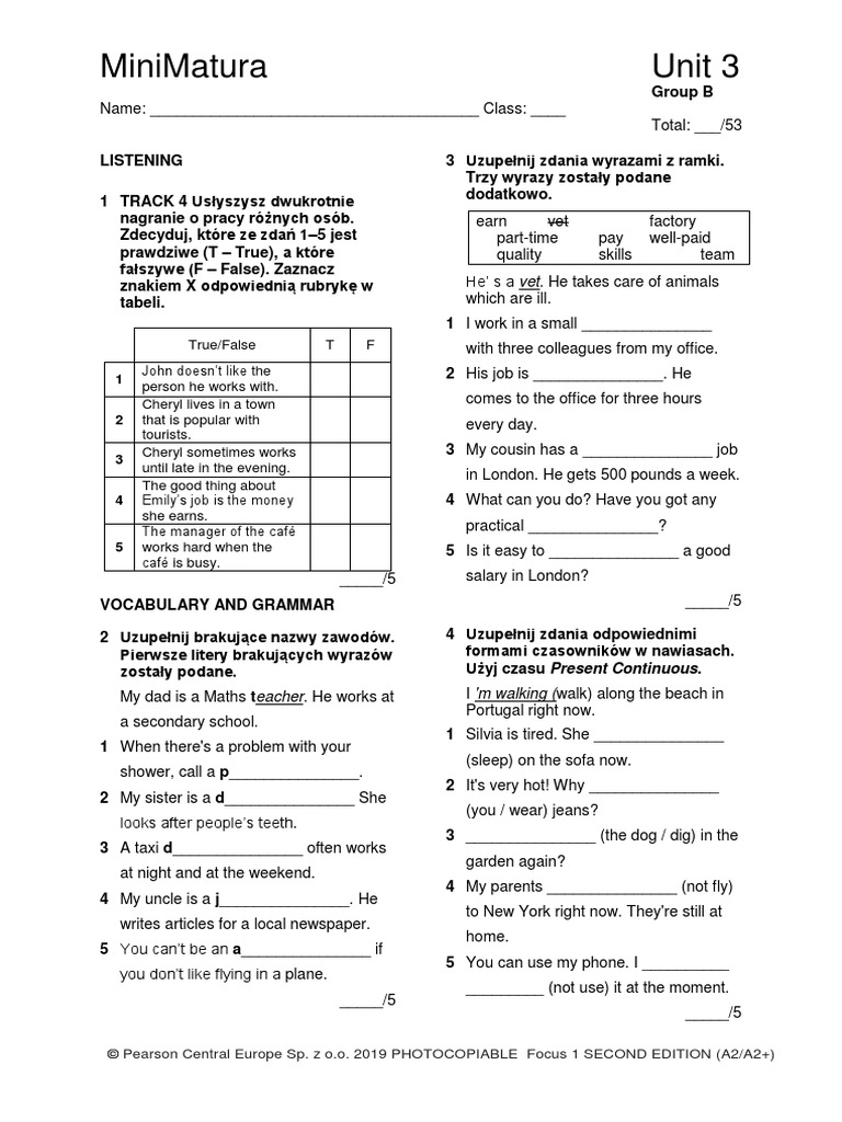 Focus1 2E MiniMatura Unit3 GroupB 2kol | PDF