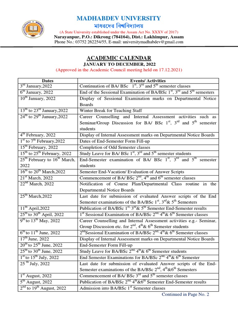 Madhabdev University: Academic Calendar | PDF | Academic Term