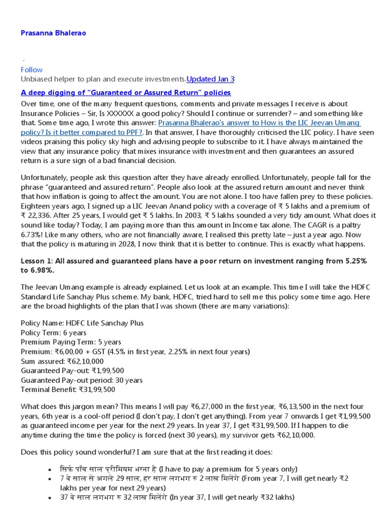 Guaranteed or Assured Return" Policies | PDF | Insurance | Economies