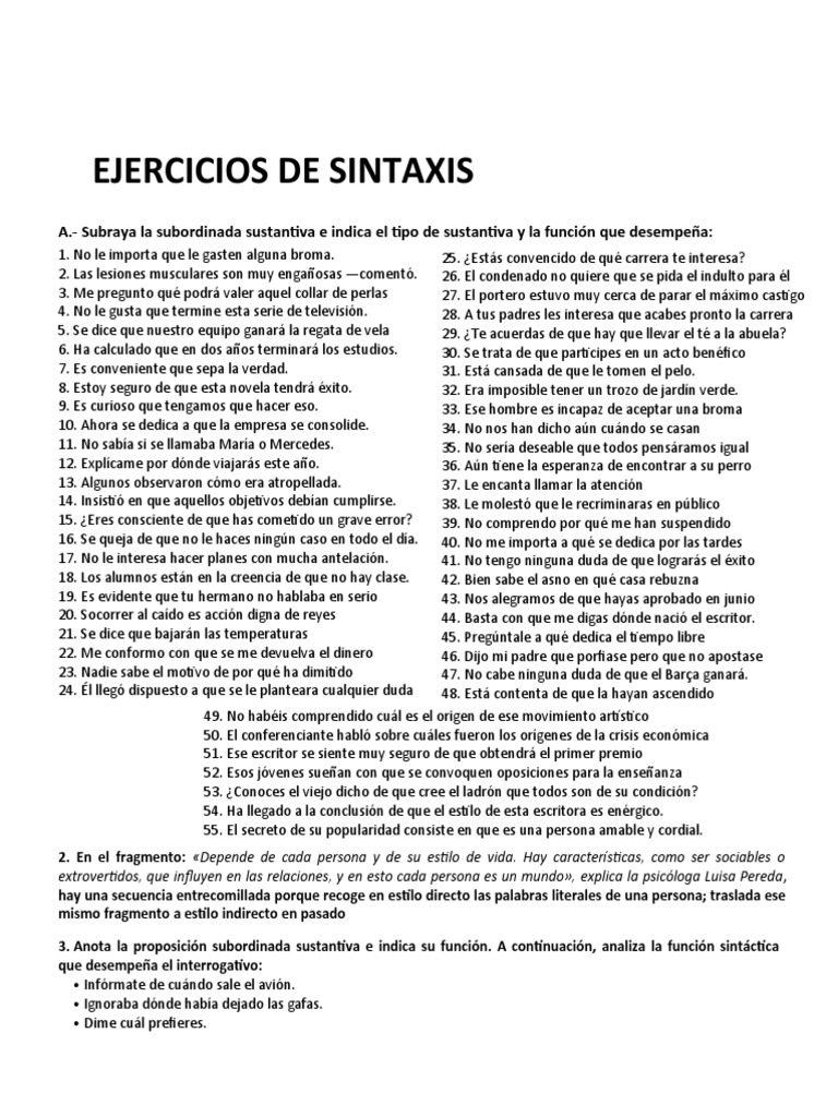 Ejercicios de Sintaxis | PDF | Oración (Lingüística) | Mecánica del lenguaje