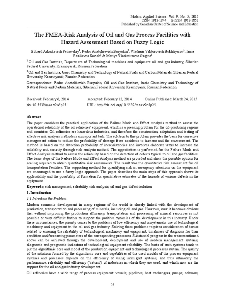 The FMEA-Risk Analysis of Oil and Gas Process Facilities With | Download Free PDF | Reliability ...