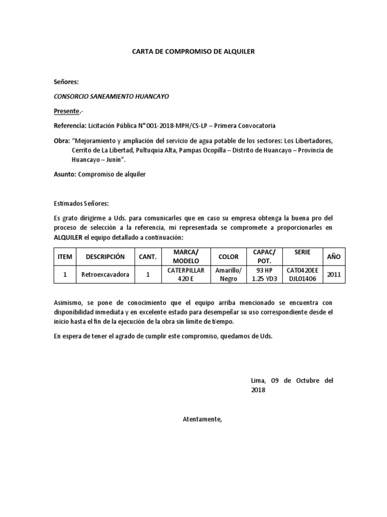 Carta de Alquiler Retroexcavadora Huancayo | PDF