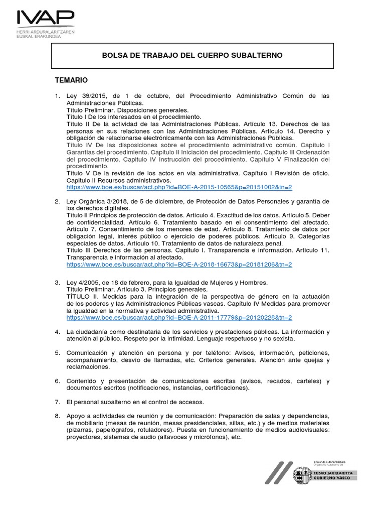 2019.06.10 Temario Subalterno REVISADO | Descargar gratis PDF | Privacidad de la información