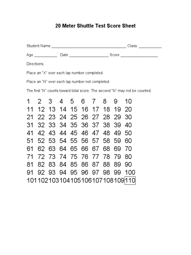 20 Meter Shuttle Test Score Sheet | PDF