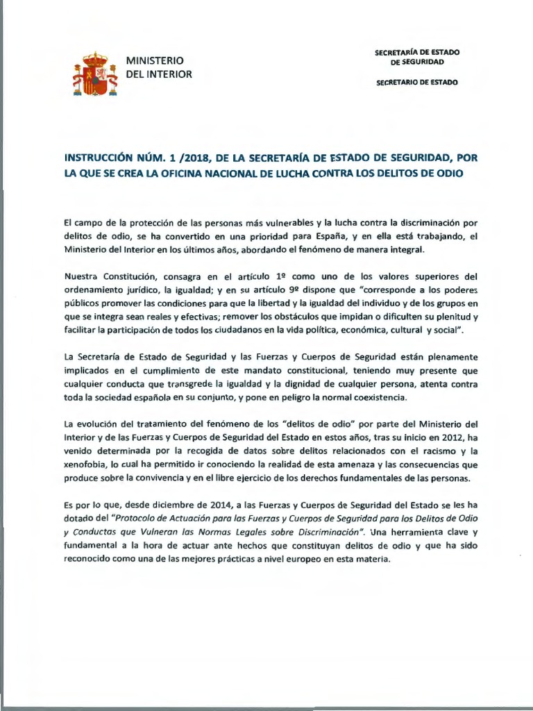 ISES 1-2018 Oficina N Delitos Odio | PDF | Ministerio (Departamento de Gobierno) | Policía