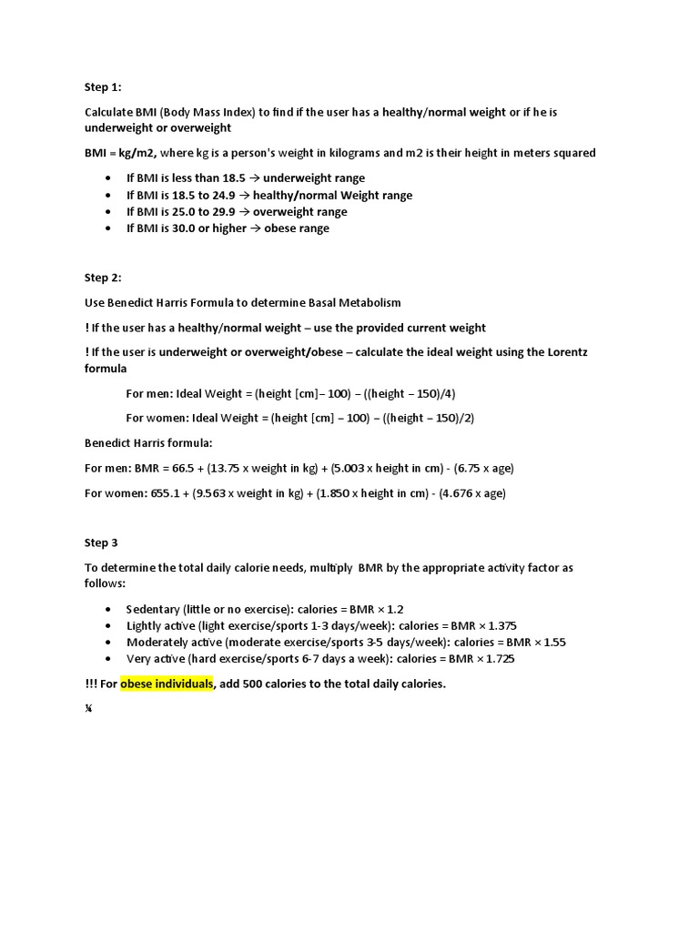 Steps and Formulas To Calculate Daily Needed Calories | PDF