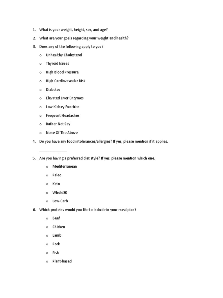 Questions For A Customized Meal Plan | PDF | Cooking, Food & Wine ...