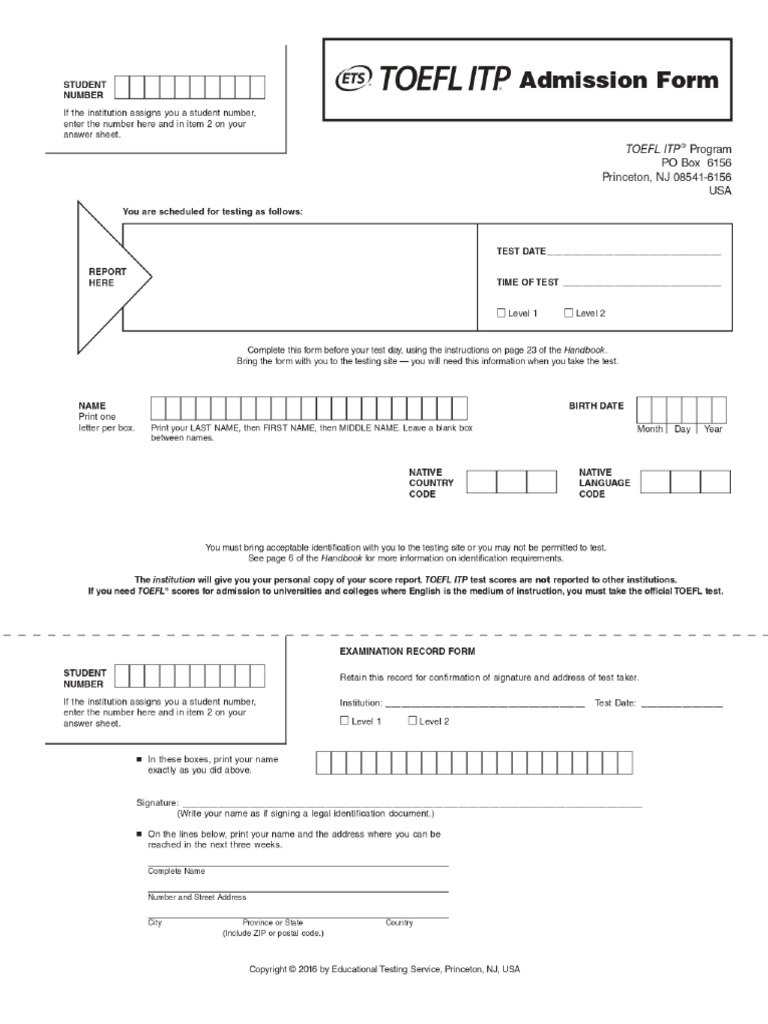 TOEFL Itp Admission Form | PDF
