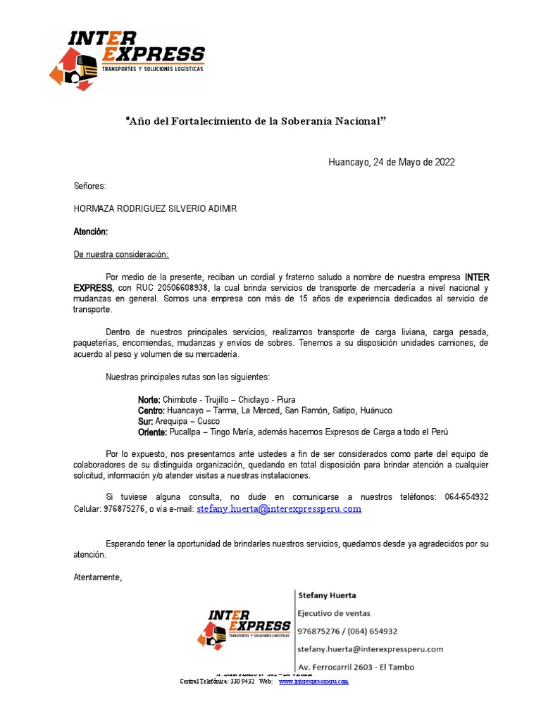 Carta de Presentacion Inter Express | PDF