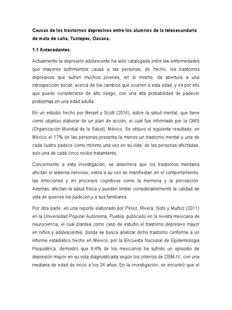 Causas de Los Trastornos Depresivos Entre Los Alumnos de La Telesecundaria de Mata de Caña-3 ...