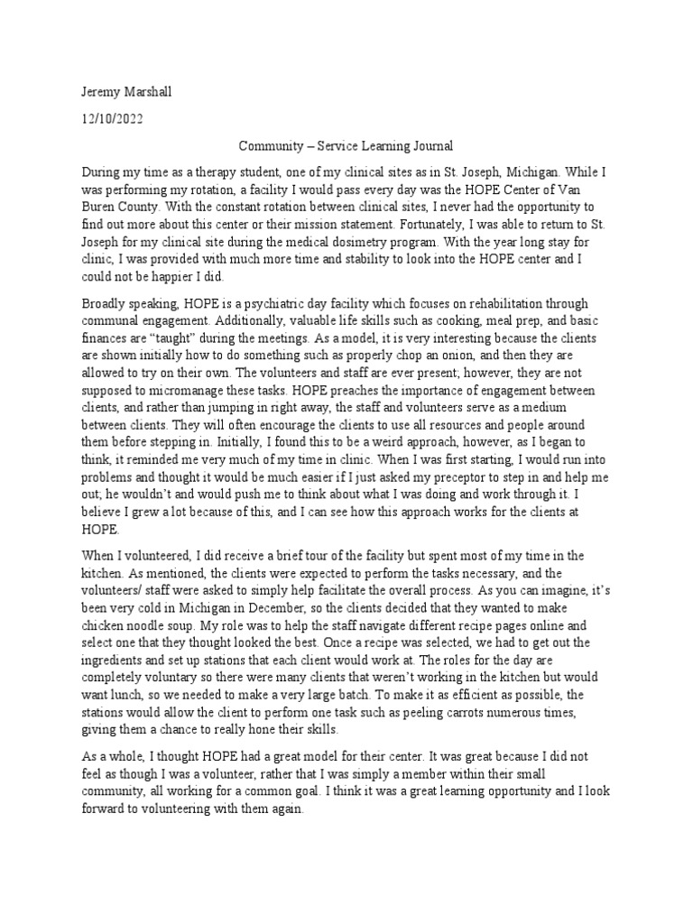 Service Learning Journal - Community | PDF | Service Learning | Learning