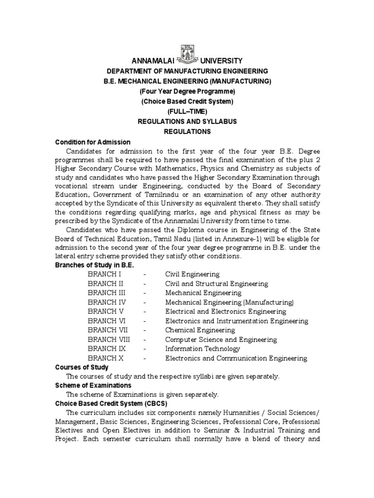 B.E Mechanical Manufacturing | PDF | Course Credit | Integral