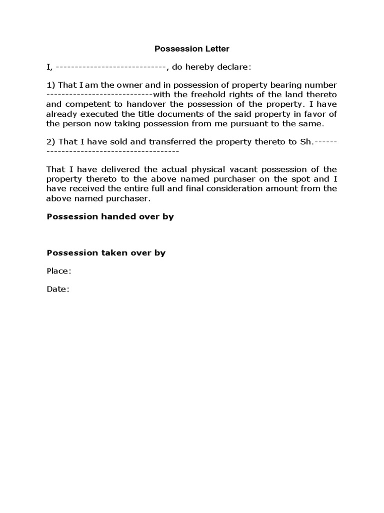 Property Possession Transfer Letter | PDF | Politics | Social Science