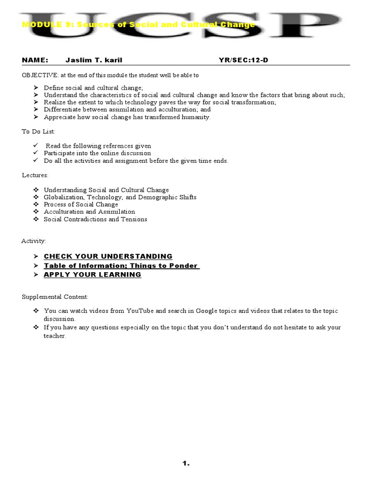 UCSP MODULE 9 Activity Sheets | PDF | Cognition | Communication