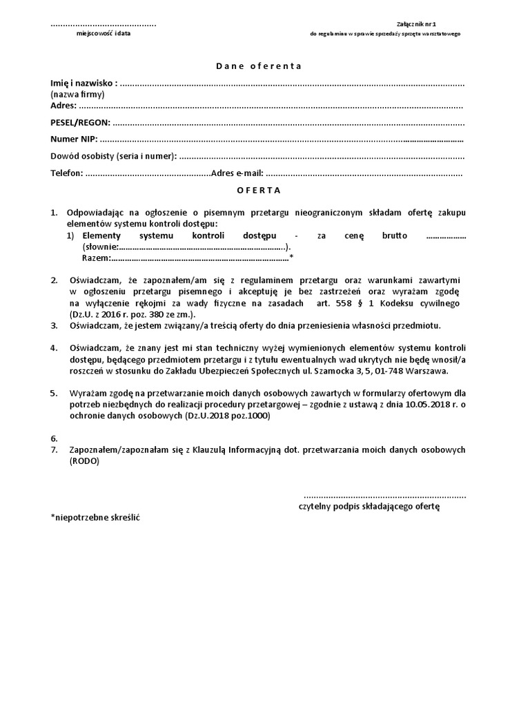 Zał NR 1 Do Regulaminu - Formularz Oferty | PDF