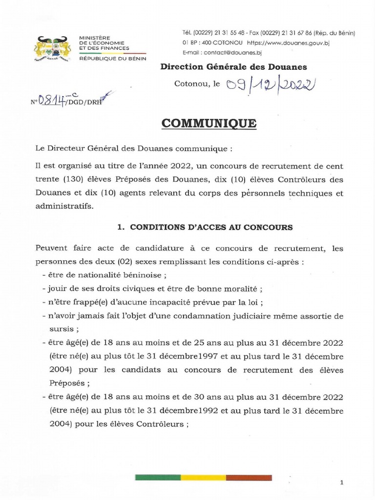 Concours Douane Bénin Décembre 2022 | PDF