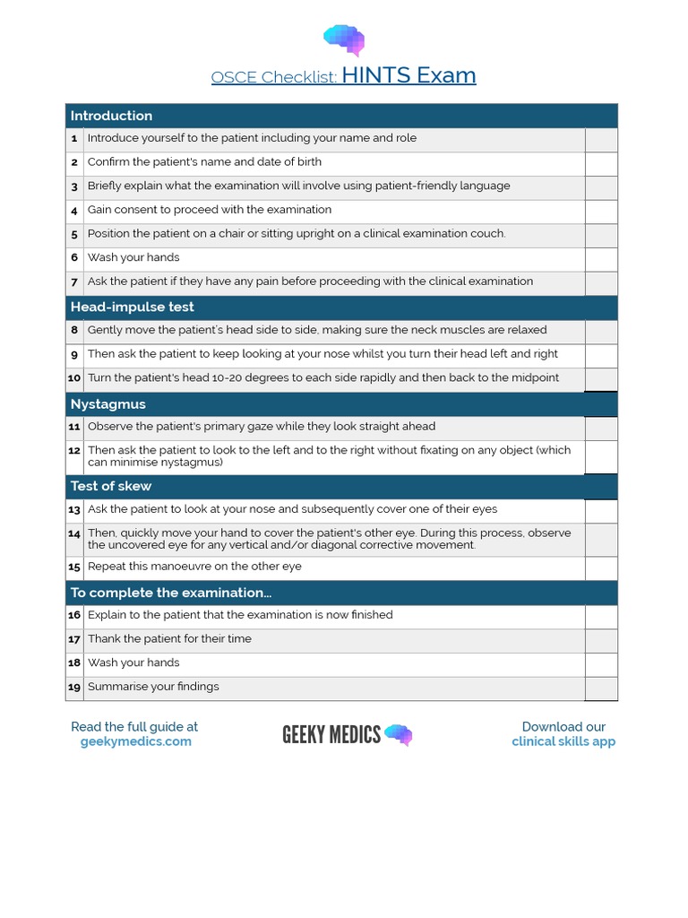 OSCE Checklist HINTS Exam | PDF