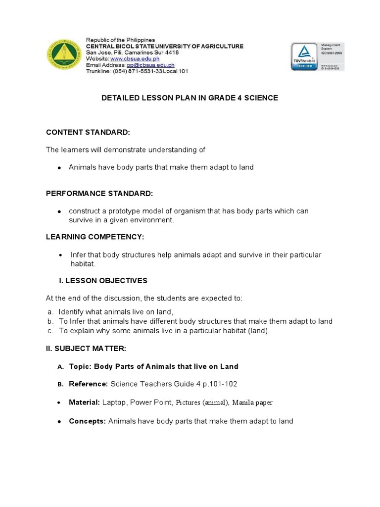 Grade 4 Lesson Plan: Animal Adaptations | PDF | Lesson Plan | Teaching ...