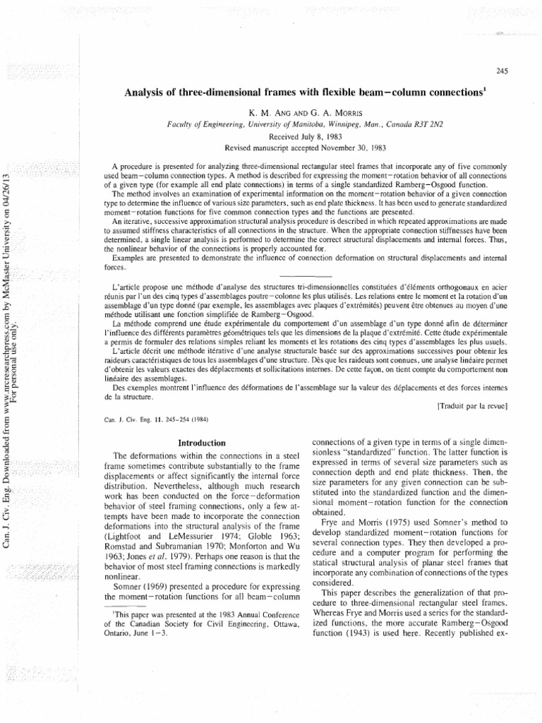Analysis of Three-Dimensional Frames With Flexible Beam-Column Connections by ANG and MORRIS ...