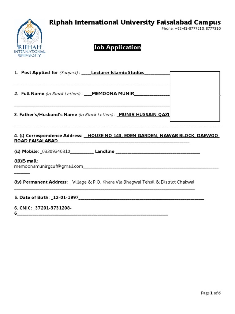 Riphah International University Faisalabad Campus: Job Application | PDF | Academic Degree ...
