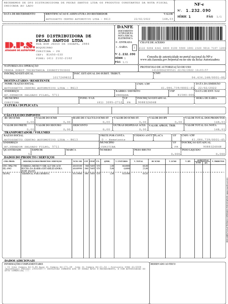 Danfe-N20901671071203-22 02 2022 040410 | PDF | Recibo | Documento