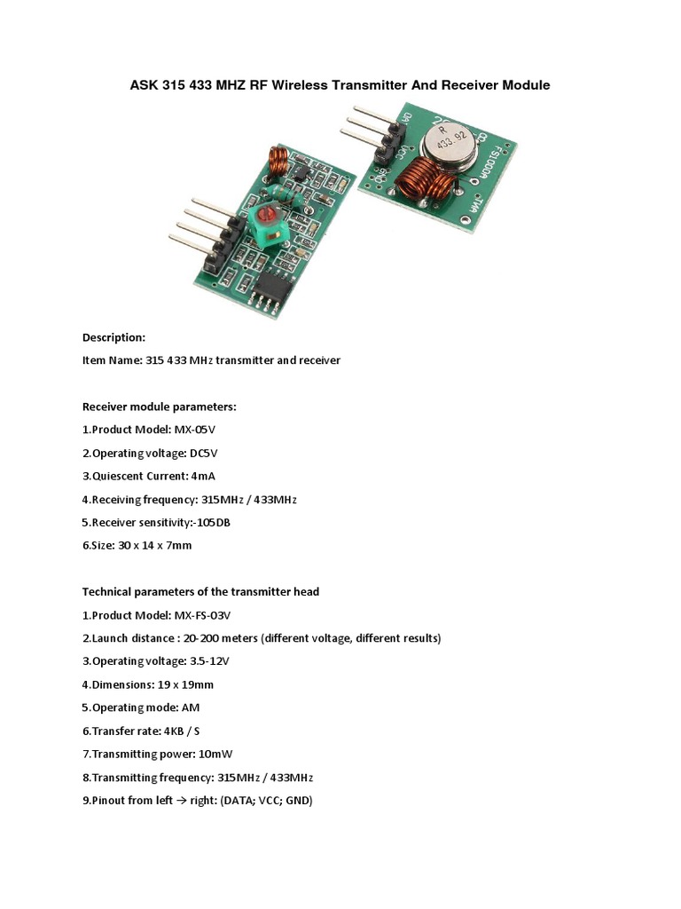 ASK 315 433 MHZ RF Wireless Transmitter and Receiver Module | PDF