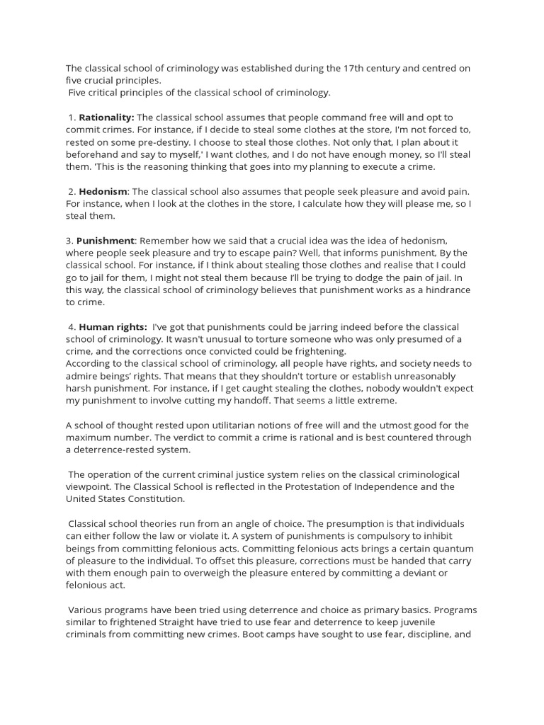 The Classical School of Criminology Was Established During The 17th ... The Classical School of Criminology Was Established During The 17th ...