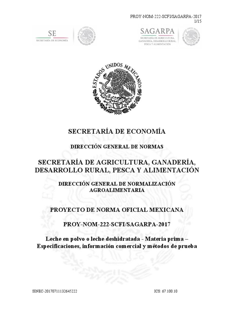 Proy Nom 222 Scfi:sagarpa 2017 | PDF | Leche | México