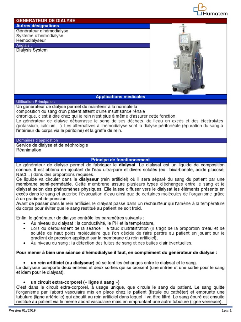 Générateur de Dialyse : Fonctionnement et Coûts | PDF | Hémodialyse ...