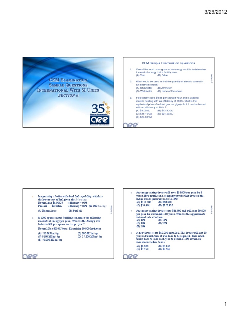 CEM Sample Examination Questions: Energy Auditing Fundamentals and ...