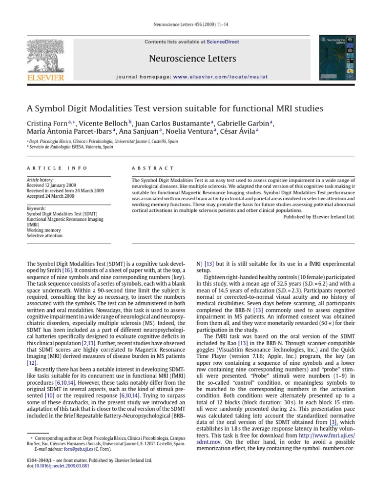 A Symbol Digit Modalities Test Version S | PDF