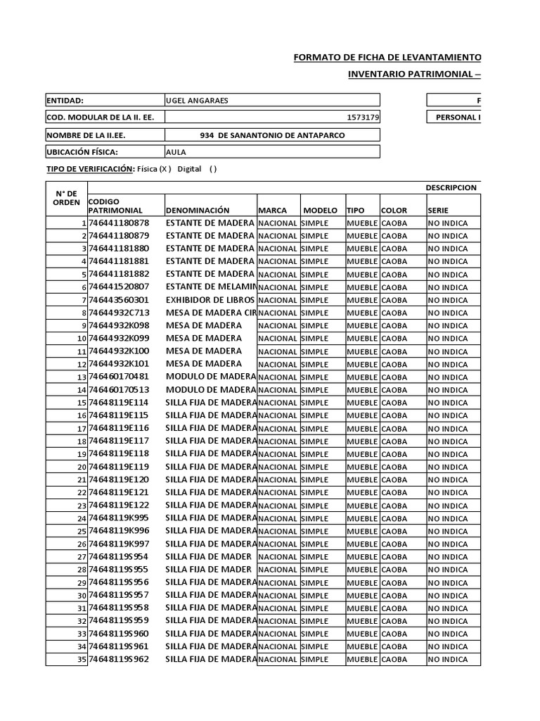 Ficha de Levantamiento de Información de Inventario Patrimonial 2022 (22222222) | PDF