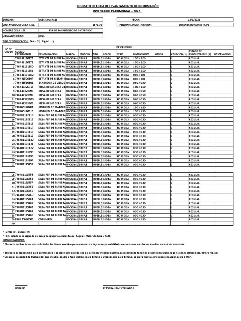 Ficha de Levantamiento de Información de Inventario Patrimonial 2022 (22222222) 33333333333 | PDF