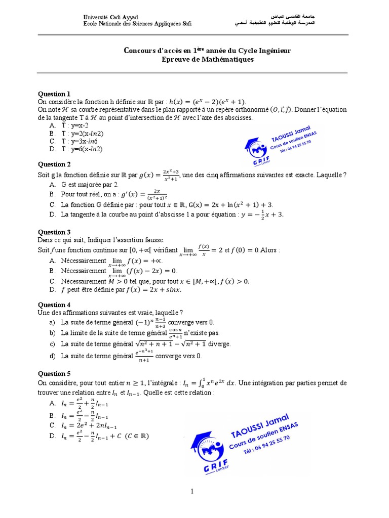 Concours Maths ENSA 2018 | PDF | Courbe | Limite (mathématiques)