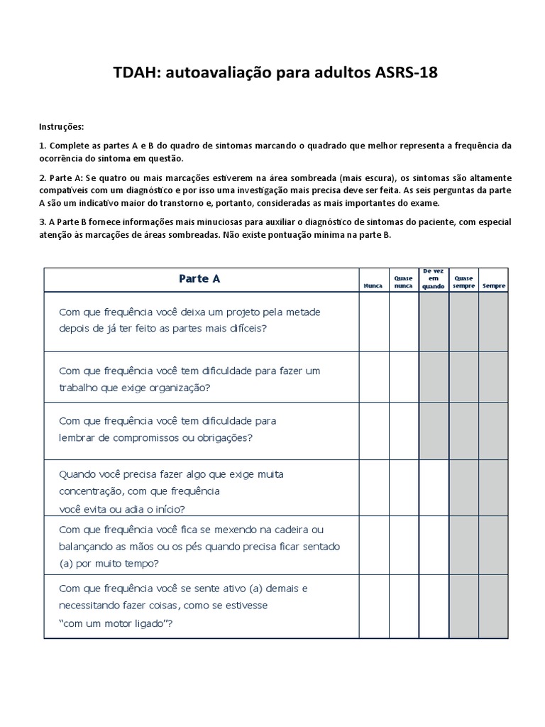 Autoavaliação para adultos com suspeita de TDAH: Questionário ASRS-18 ...