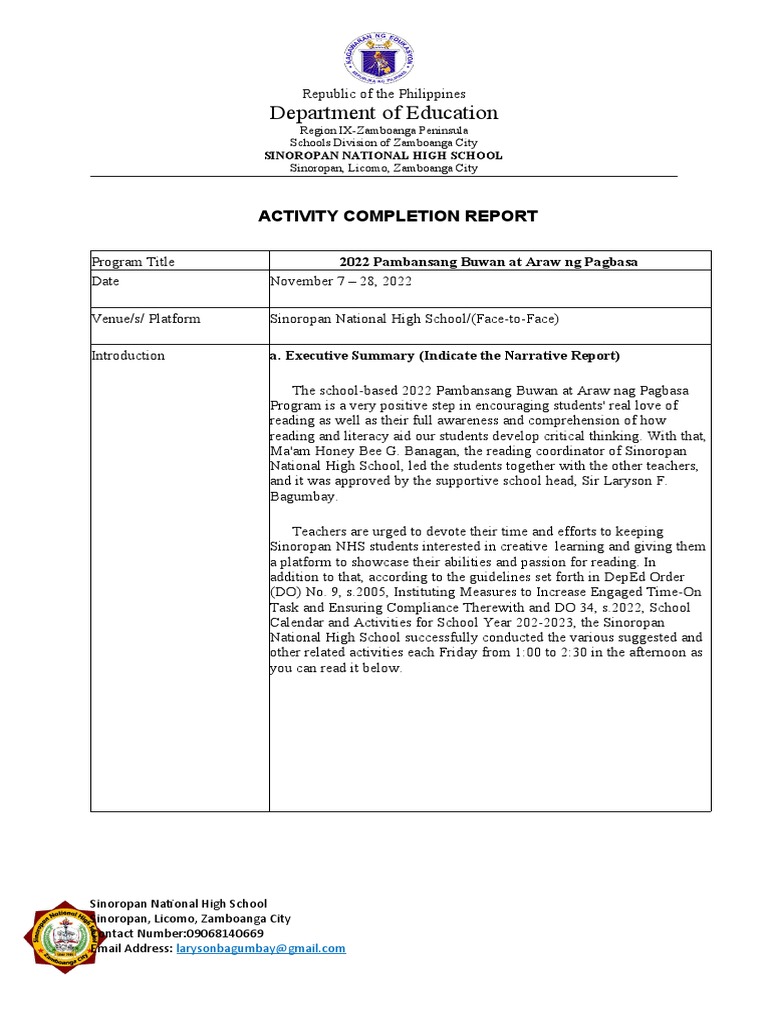 Sinoropan Nhs English Pbap Report | PDF | Cognitive Science | Education Theory