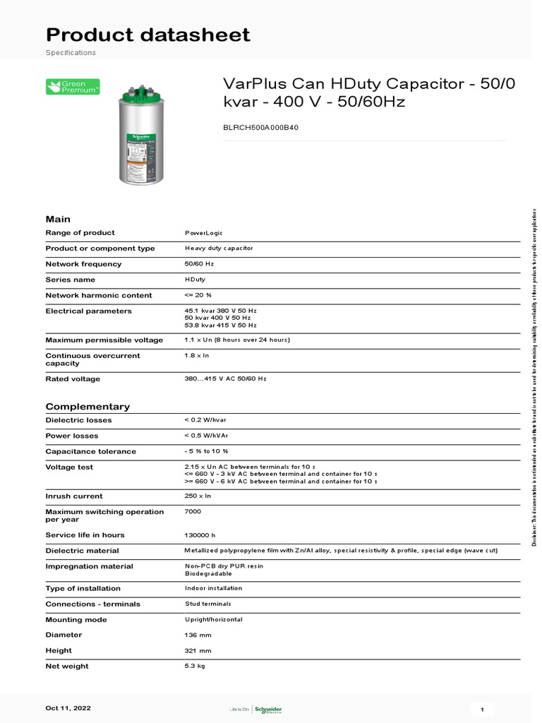 50 Kvar 400 VPowerLogic PFC Capacitors - BLRCH500A000B40 | PDF | Capacitor | Alternating Current