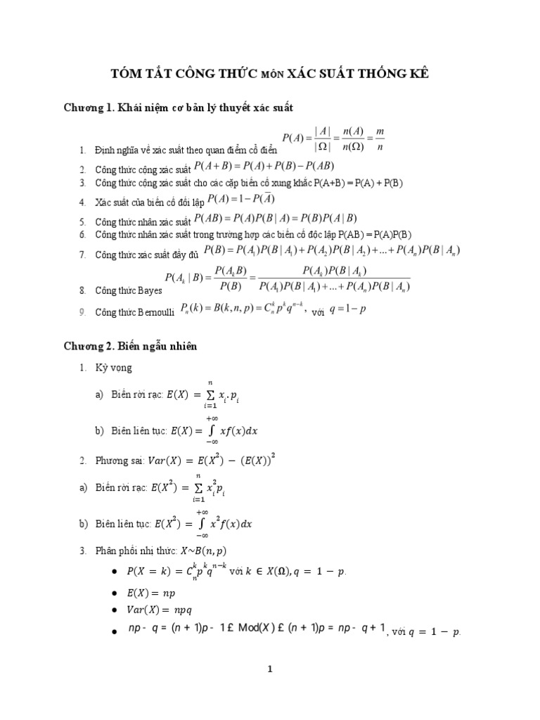 Tóm Tắt Công Thức Môn XSTK | PDF