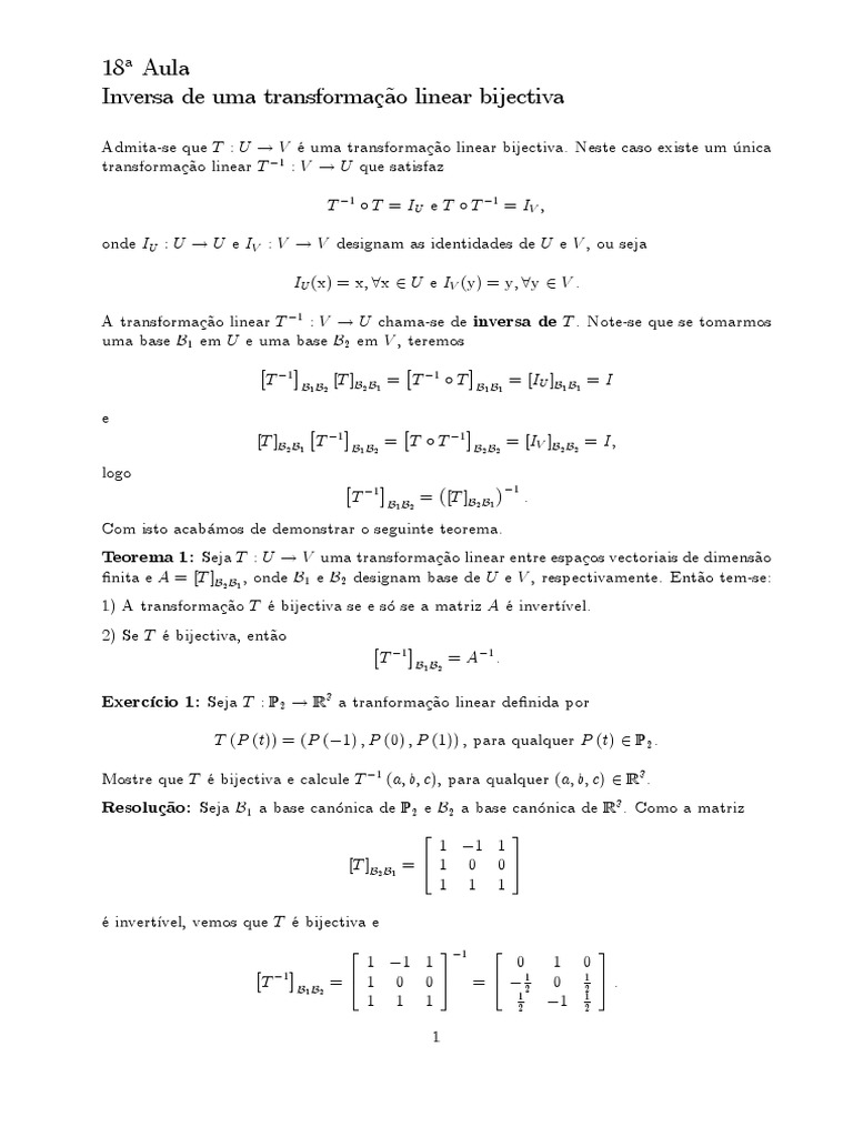 18 Aula Inversa de Uma Transformação Linear Bijectiva | PDF | Mapa ...