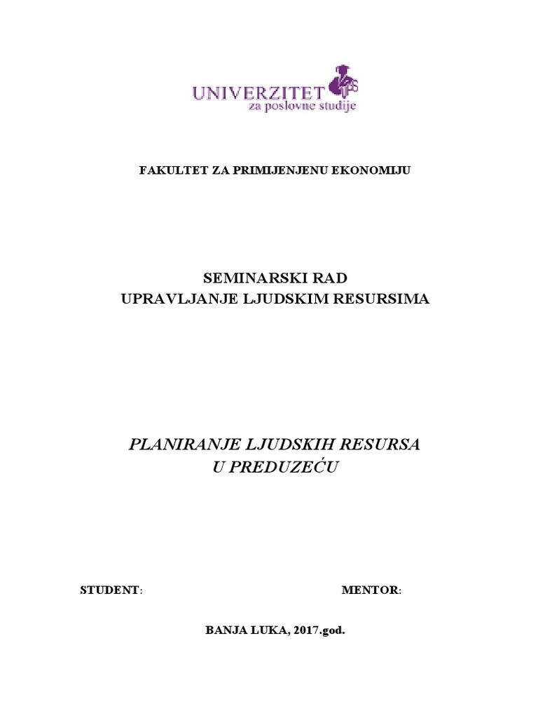 Seminarski Rad Upravljanje Ljudskim Resursima: Planiranje Ljudskih ...