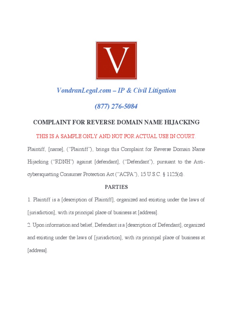 Sample Complaint For Reverse Domain Name Hijacking RDNH | PDF | Lawsuit | Judiciaries