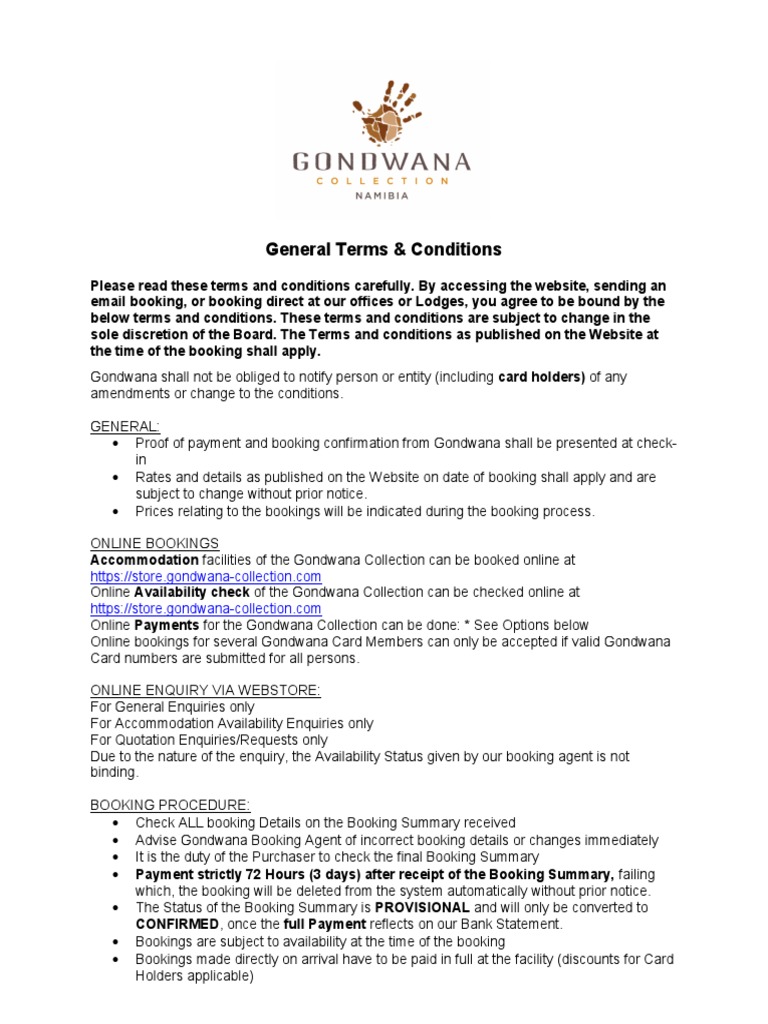 Gondwana Collection Terms & Conditions | PDF | Payments | Credit Card