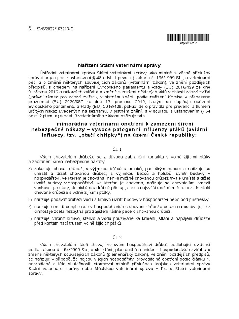 Mimoradna Veterinarni Opatreni Narizeni Svs Aviarni Influenza | PDF