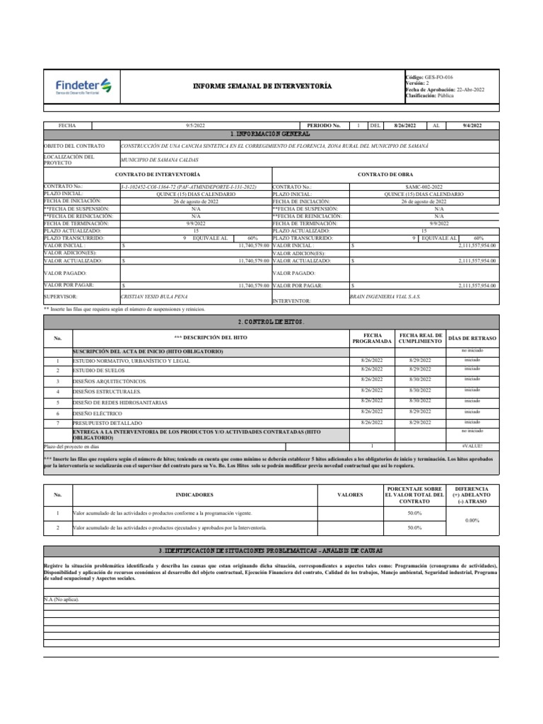 Informe Semanal Interventoría Cancha Sintética | PDF