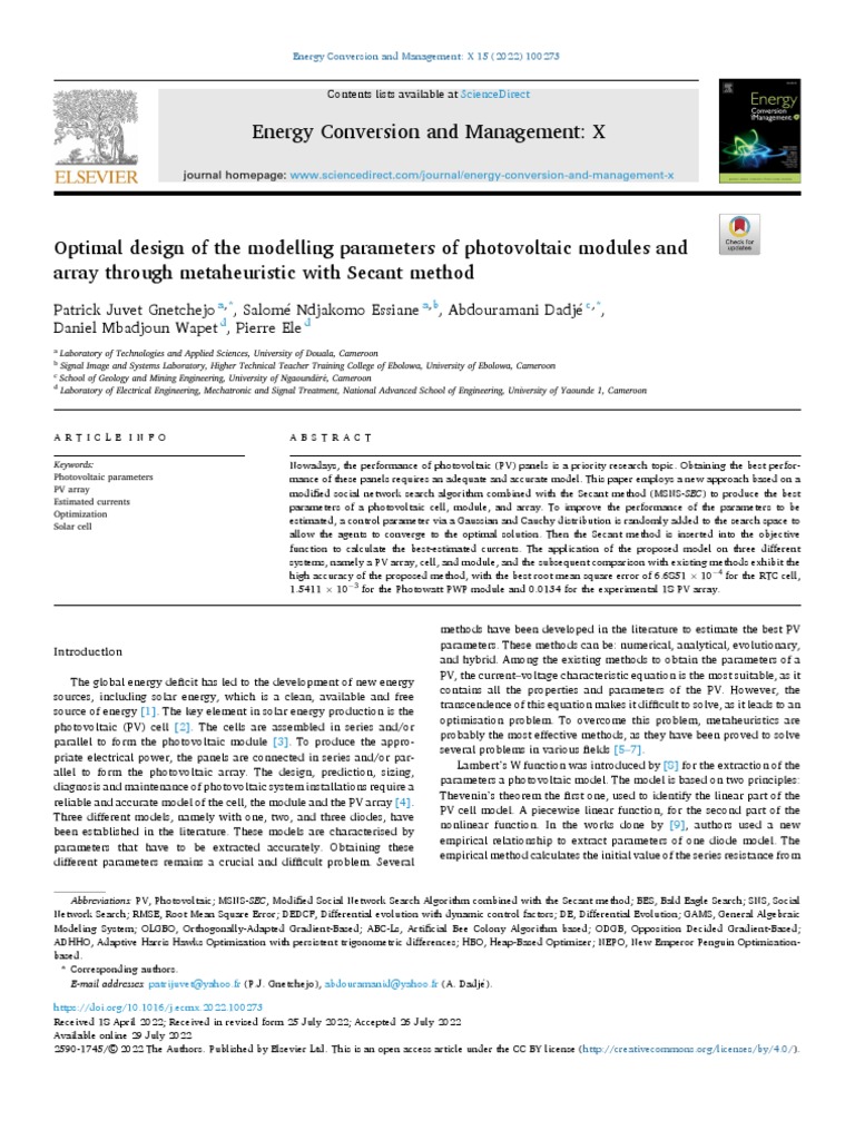 8 Optimal Design of The Modelling Parameters of Photovoltaic Modules and Array Through ...