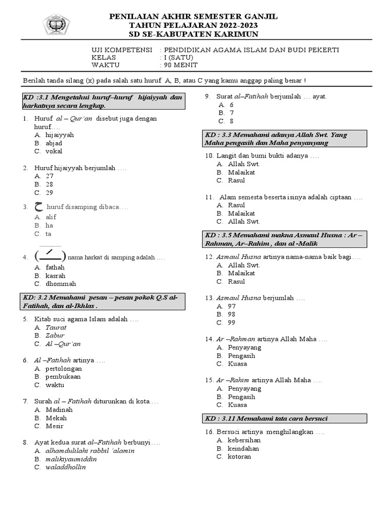 SOAL PAS Ganjil Kelas 1 Tp.2022-2023 | PDF