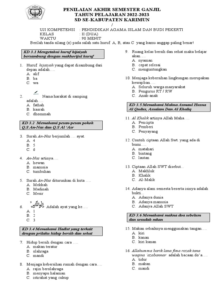 Soal Pas Ganjil Kelas 2 Tp.2022-2023 | PDF